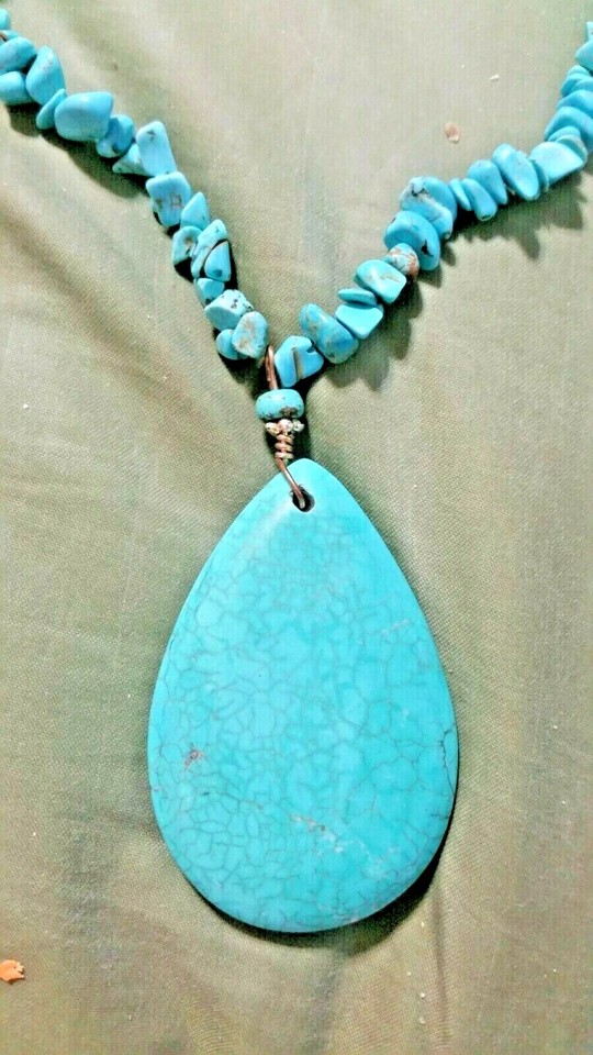 Gorgeous Turquoise Chip Beaded Necklace w Large Turquoise Pendant #156 ...