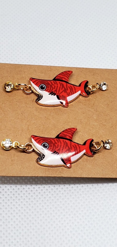 Red dangle tiger shark earrings with Double CZ Gemstone & gold tone ...