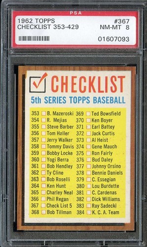 1962 TOPPS #367 CHECKLIST 353-429 PSA 8 *DS14780 | eBay