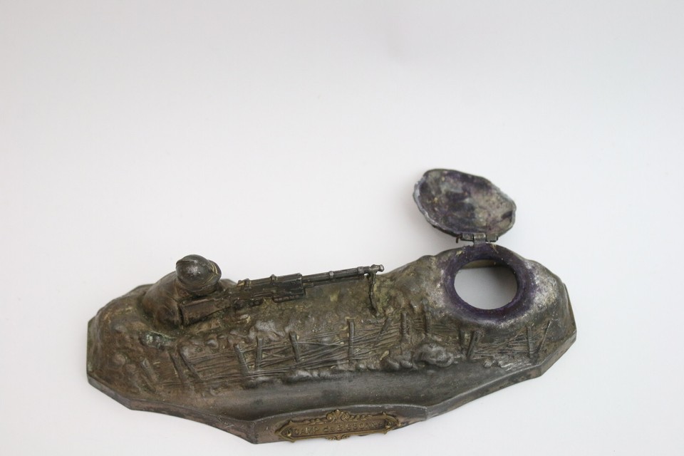 Antique Ink well and pen rest CAMP De Sissonne WW1 trench gunner ...