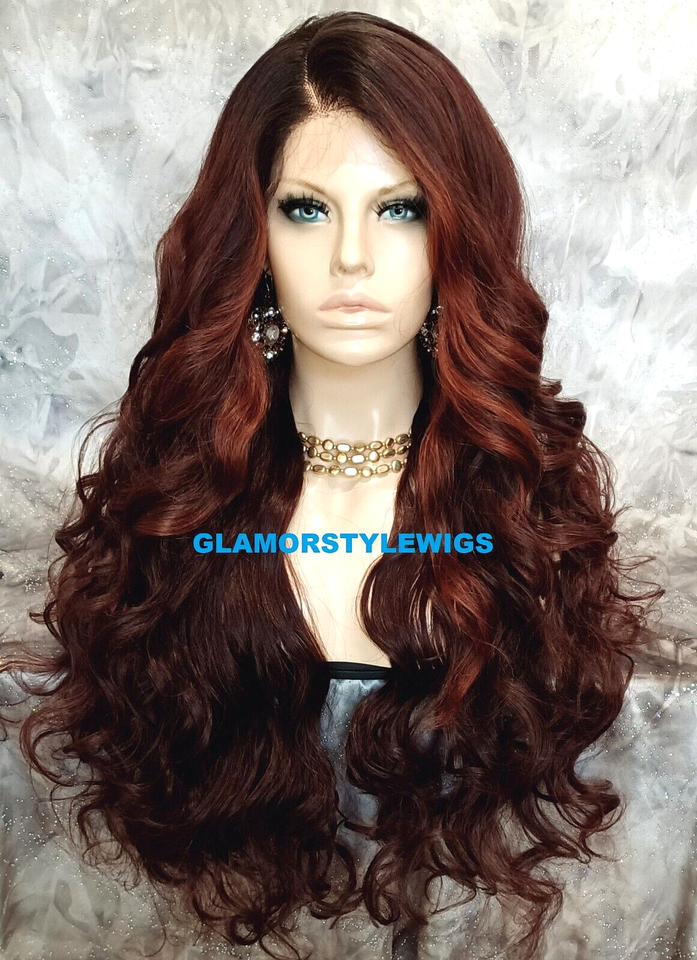35" LACE FRONT FULL WIG LONG WAVY LAYERED SIDE PART BROWN AUBURN MIX ...