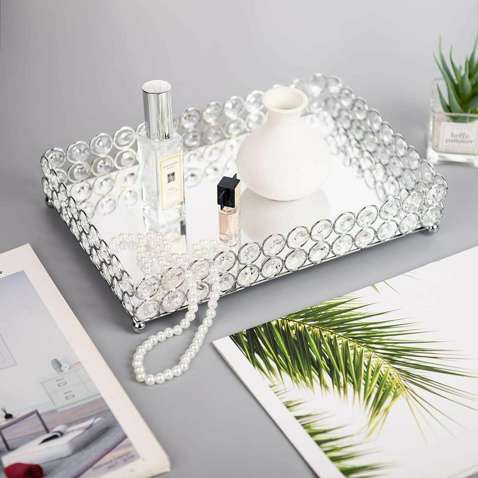 Modern Mirrored Crystal Vanity Makeup Tray Ornate Jewelry Trinket Tray ...