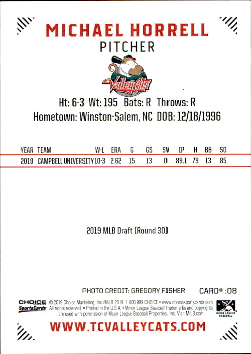 2019 Tri-City ValleyCats Choice #8 Michael Horrell Winston-Salem North ...