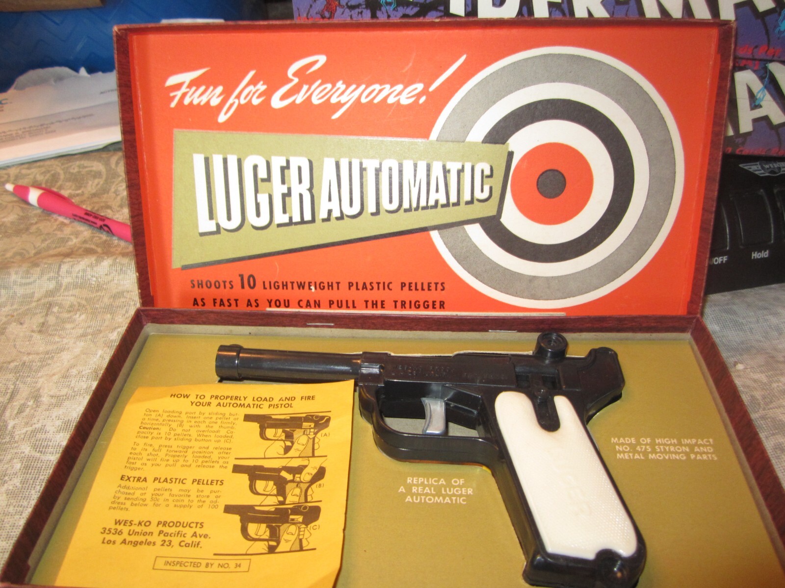 1950'S RARE Vintage WES-KO Toy Luger Plastic Pellet Gun PELLETS AND BOX ...