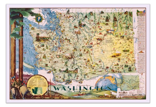 Vintage 1940s Pictorial Map of Washington - "The Evergreen State ...