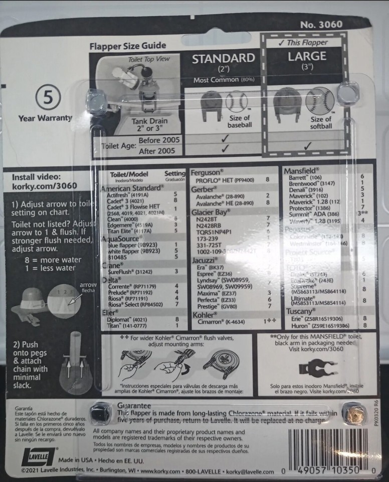 Korky 3060 Universal Toilet Flapper Replaces Most Large 3-Inch Flappers ...