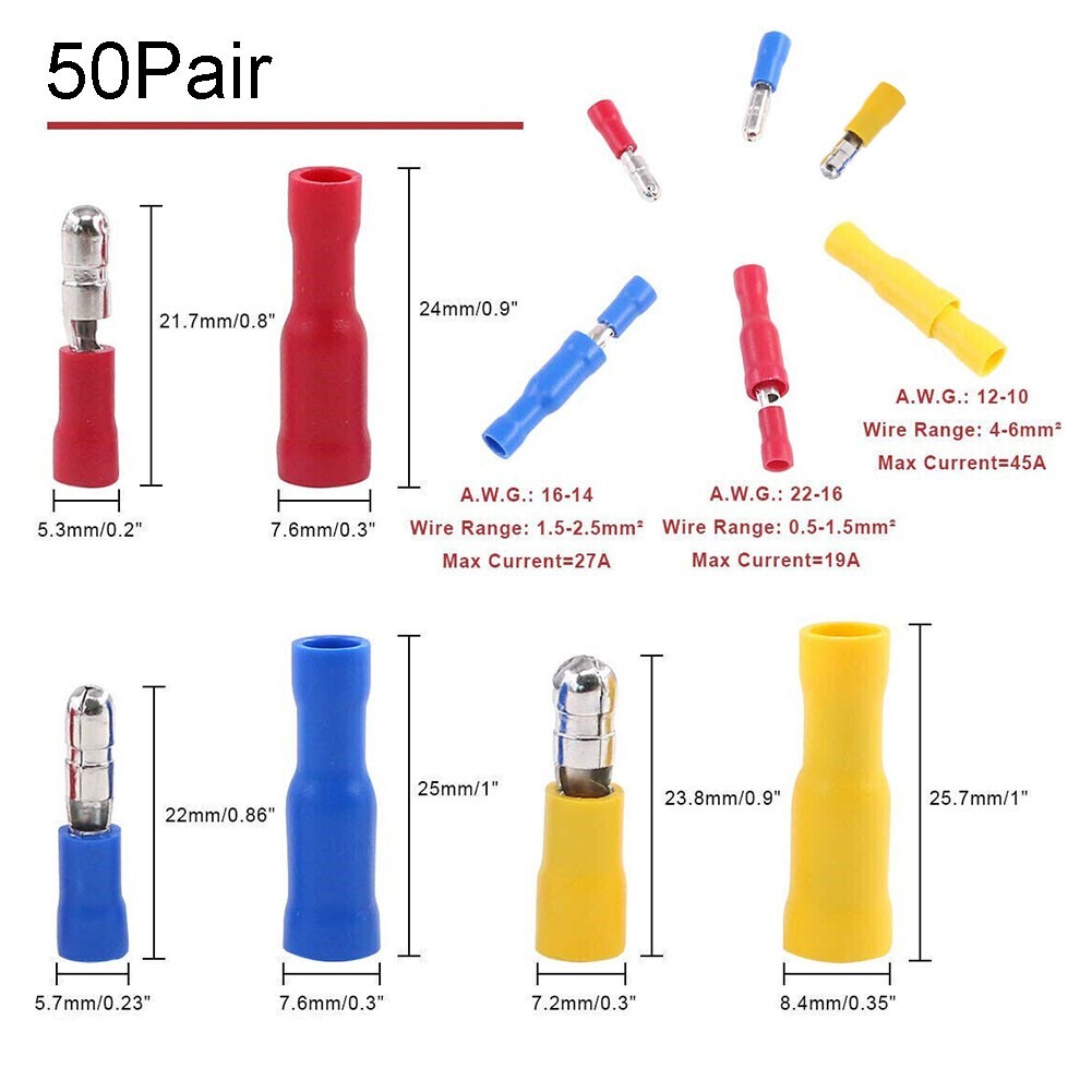 50 Pair Assorted Insulated Crimp Terminals for DIY Electrical Projects ...
