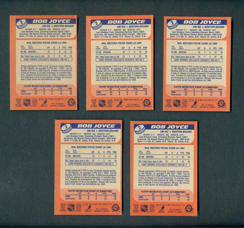 1988-89 O-Pee-Chee #2 Bob Joyce RC Rookie 5 Card Lot NM-MINT Bruins | eBay