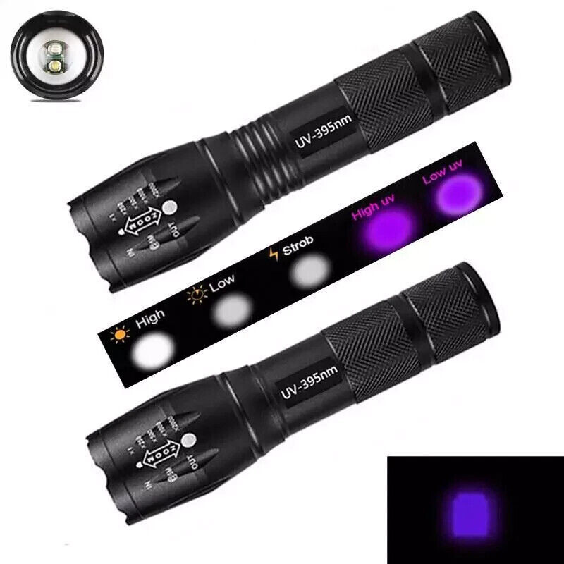 UV Flashlight LED Torch Zoomable Ultra Violet Black White Dual Light ...