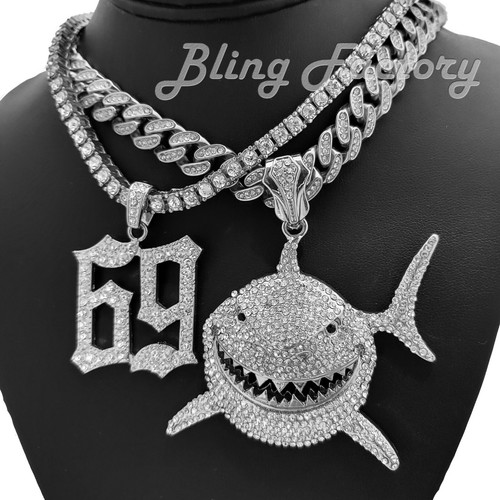 Iced Shark & 69 6ix9ine Pendant & 20" Iced Cuban & 1 Row Chain Bling ...