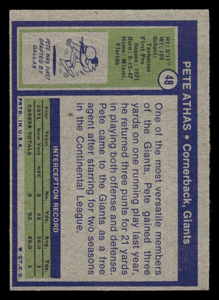 1972 Topps #48 Pete Athas Rookie EX-MT New York Giants | eBay