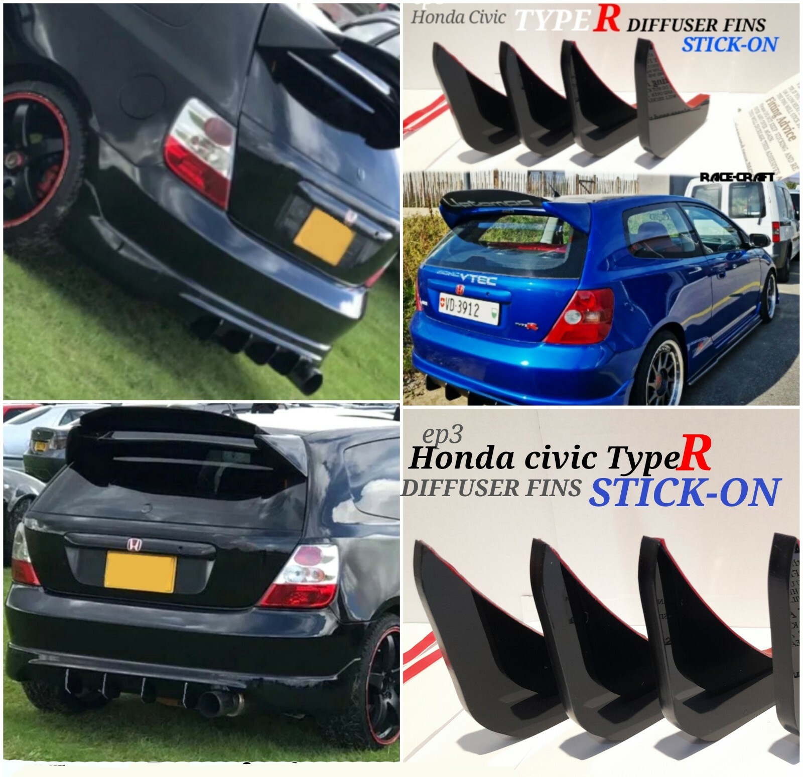 HONDA CIVIC TYPE R EP3 DIFFUSER FINS/VTEC DIFFUSER FINS,STICK-ON EASY ...