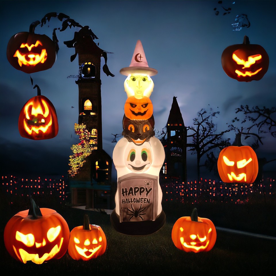 Halloween Blow Mold Totem Pole Witch Pumpkin Cat Ghost Tombstone 42 ...