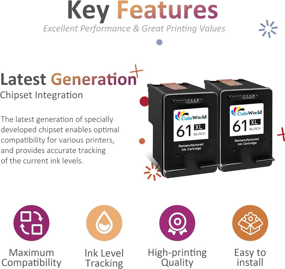 2PK #61 XL Black Ink Cartridge for HP 61 ENVY 4500 4501 4502 4508 5530 ...
