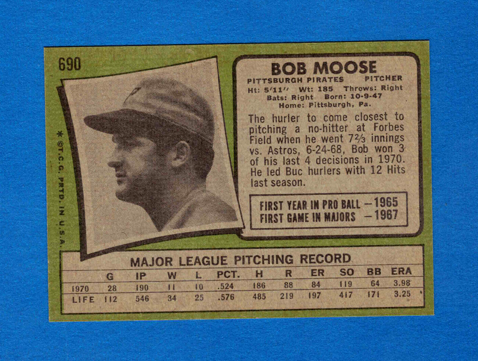 1971 TOPPS #690 BOB MOOSE PITTSBURGH PIRATES CARD -- SCRATCH | eBay