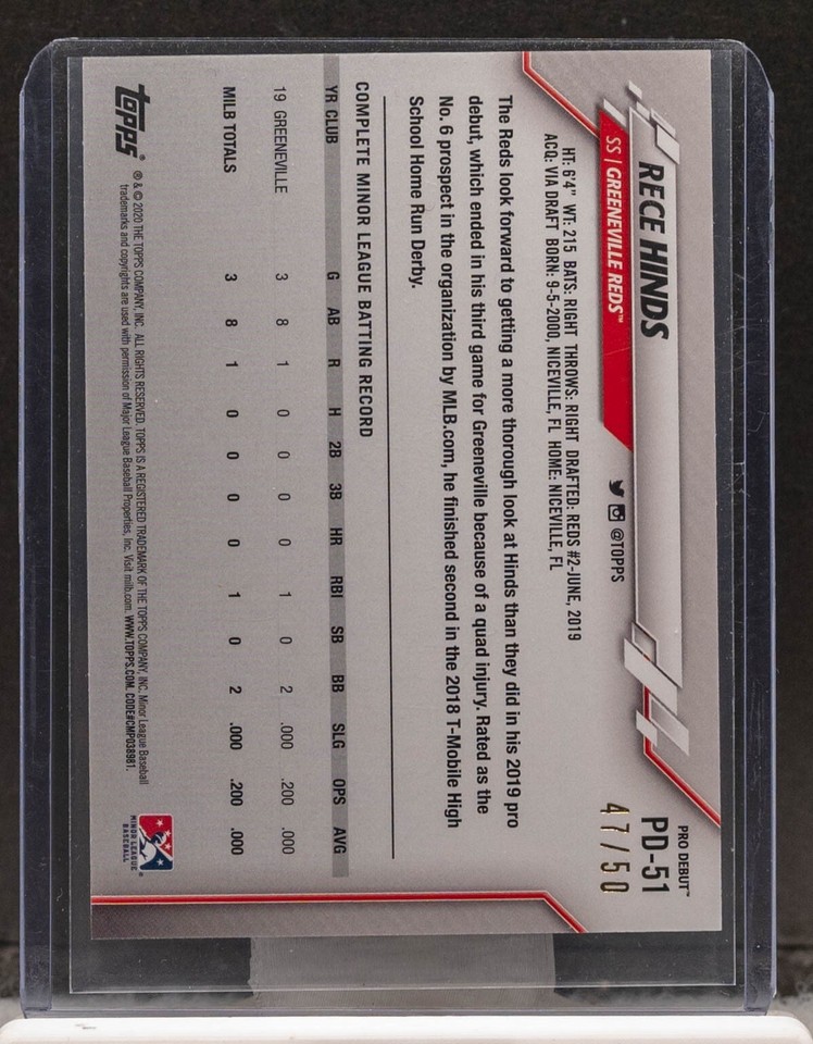 Rece Hinds 2020 Topps Pro Debut Rookie Prospect Gold Parallel 47/50 | eBay