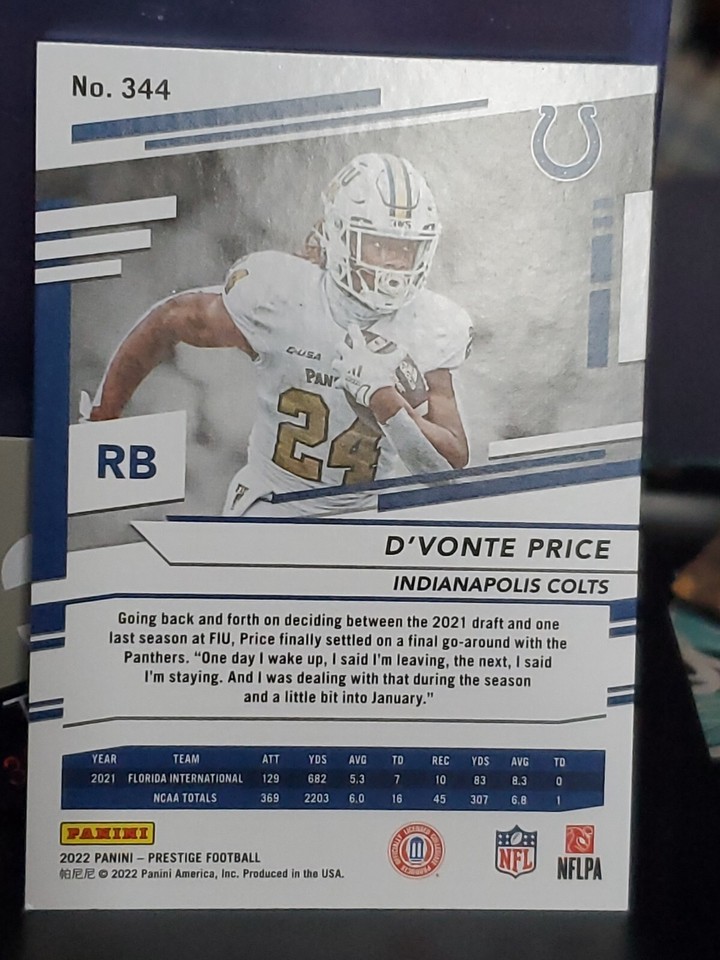D'Vonte Price 2022 Prestige Base Football Card ROOKIE #344 Indianapolis ...