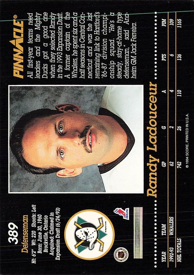 1993 Pinnacle #389 Randy Ladouceur Anaheim Mighty Ducks | eBay