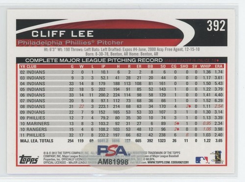 Cliff Lee 2012 Topps #392 Autographed Signed IP Auto PSA/DNA COA ...
