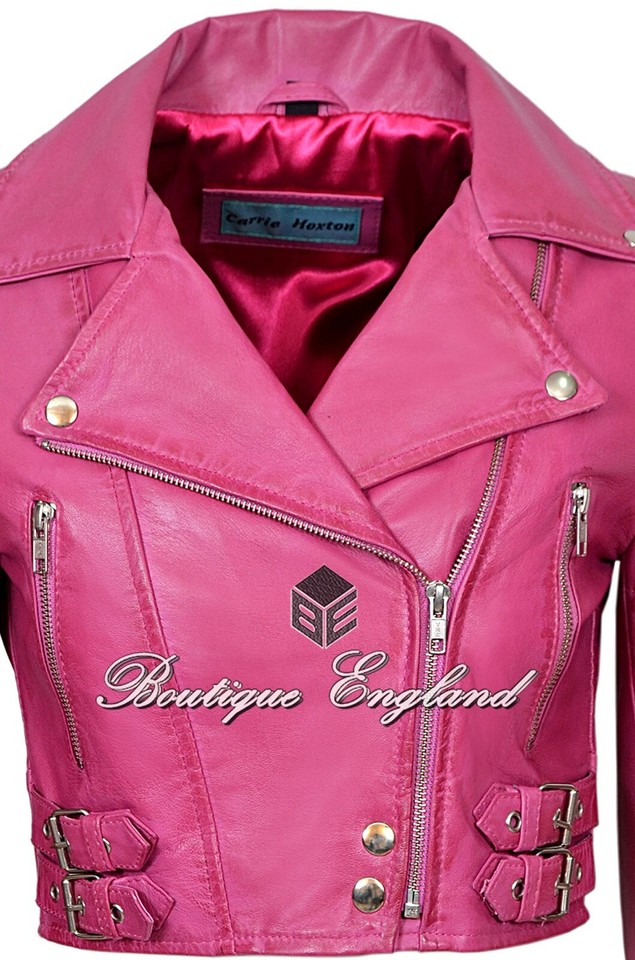 Ladies Short Body Leather Jacket Fuchsia Pink Biker Style 100% REAL ...