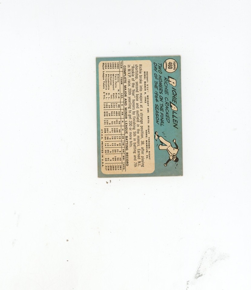 1965 Topps Richie (Dick) Allen #460 All-Star-Rookie HOF Ex Crease Free ...