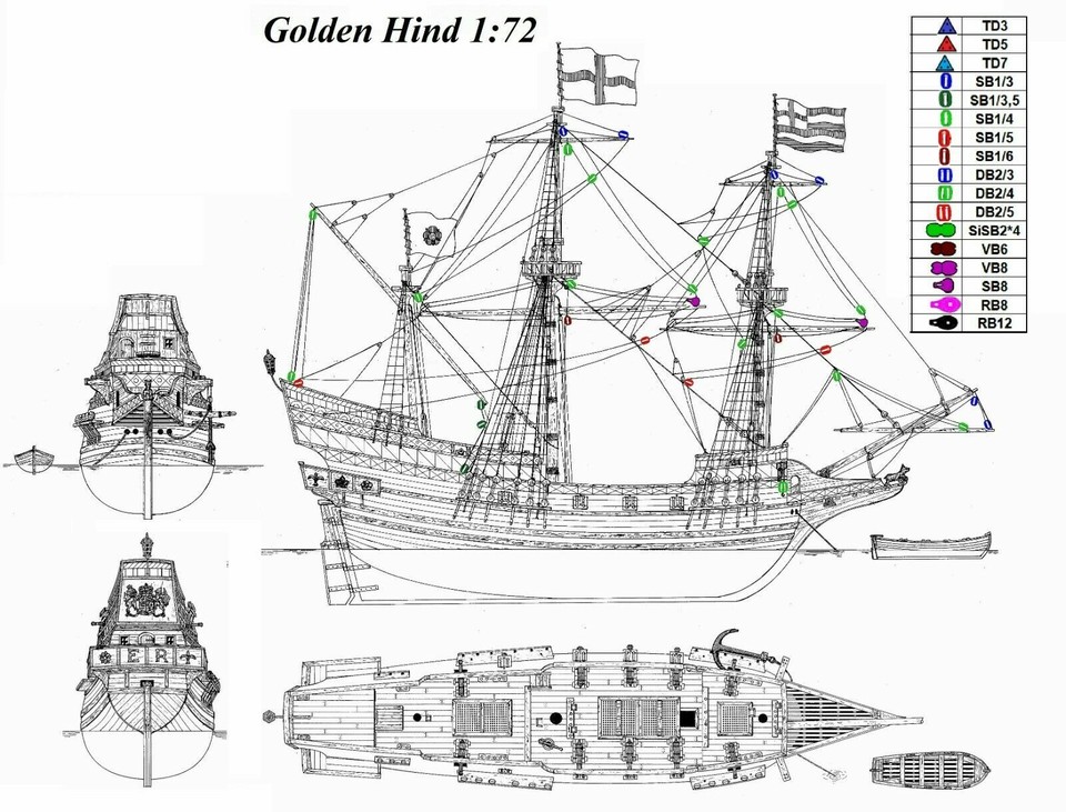 Airfix Golden Hind 1:72 - set of 285pcs CNC Walnut blocks for rigging ...
