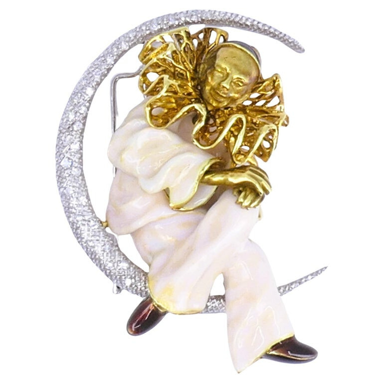Pierrot Lunaire Vintage BROOCH 18k Gold Enamel Diamond Estate Jewelry ...