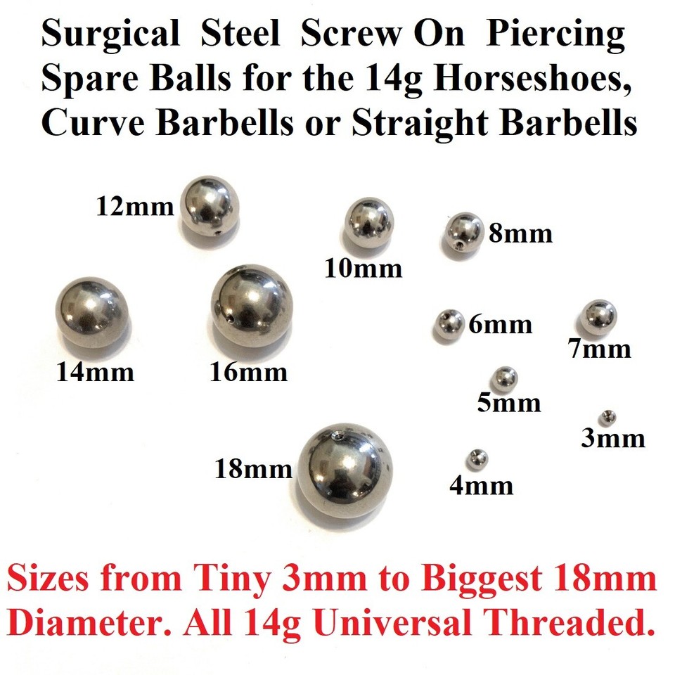 Surgical Steel 3 4 5 6 7 8 10 12 14 16 & 18mm SCREW ON SPARE BALLS 14g ...