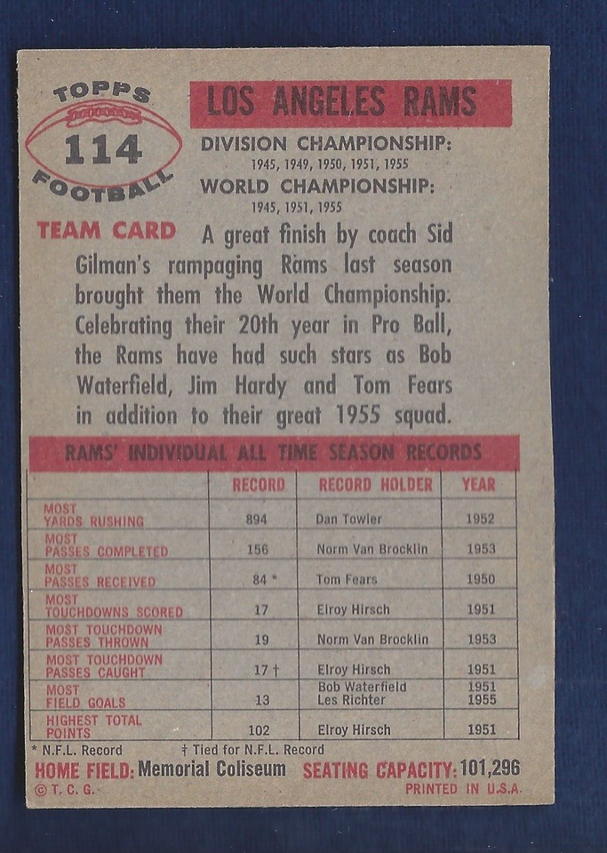 1956 TOPPS #114 LOS ANGELES RAMS TEAM CARD SHARP EXMT .99 SH M108 | eBay
