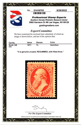 US Scott #149 Edwin Stanton 7c Stamp. Mint RG. NBN. PSE Certified. CV ...