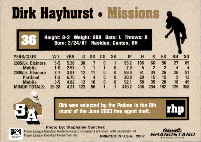 2007 San Antonio Missions Grandstand #4 Dirk Hayhurst Canton Ohio ...