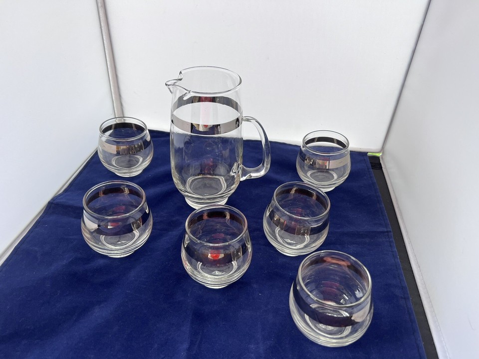 Vintage MCM Libbey Silver Band Small 6” Pitcher With Six Small Roly ...