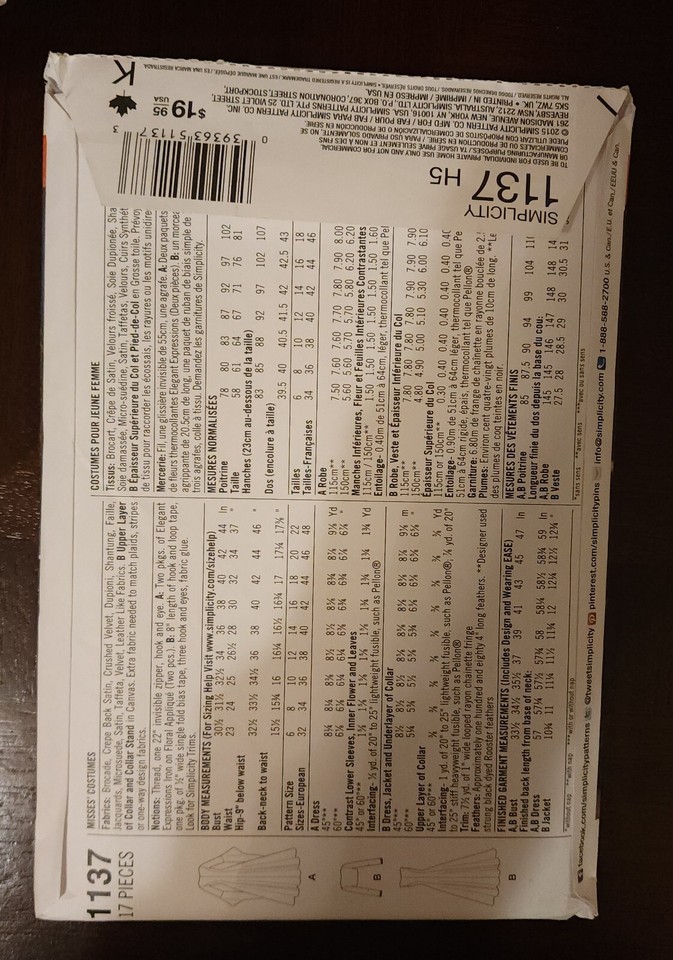 Sewing Pattern Simplicity 1137 Costume Cosplay U.S. Size 6-14 | eBay