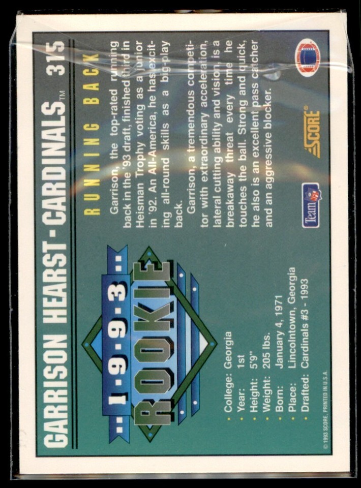 1993 SCORE GARRISON HEARST RC PHOENIX CARDINALS #315 | eBay