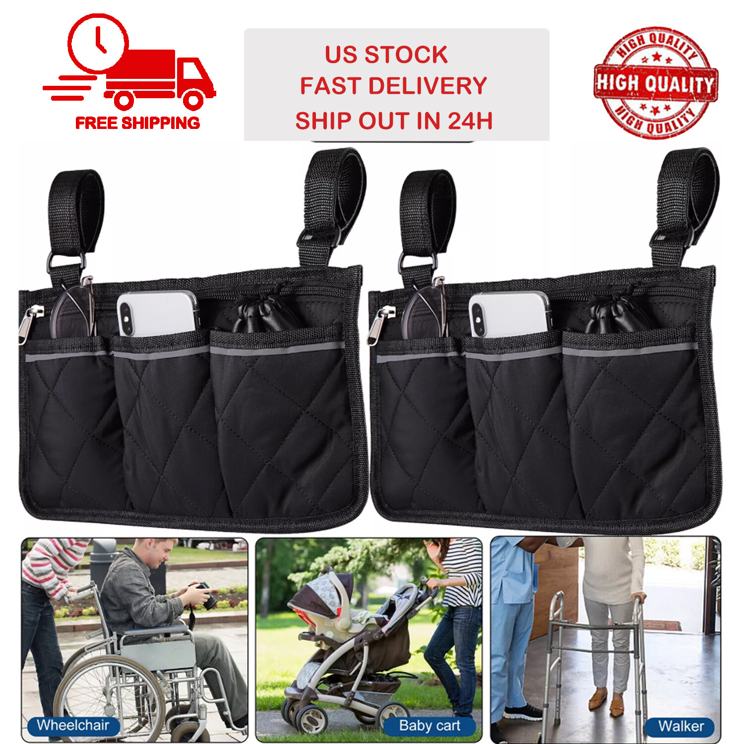 2-PACK Wheelchair Walker Side Pocket Organizer Armrest Storage Bag ...