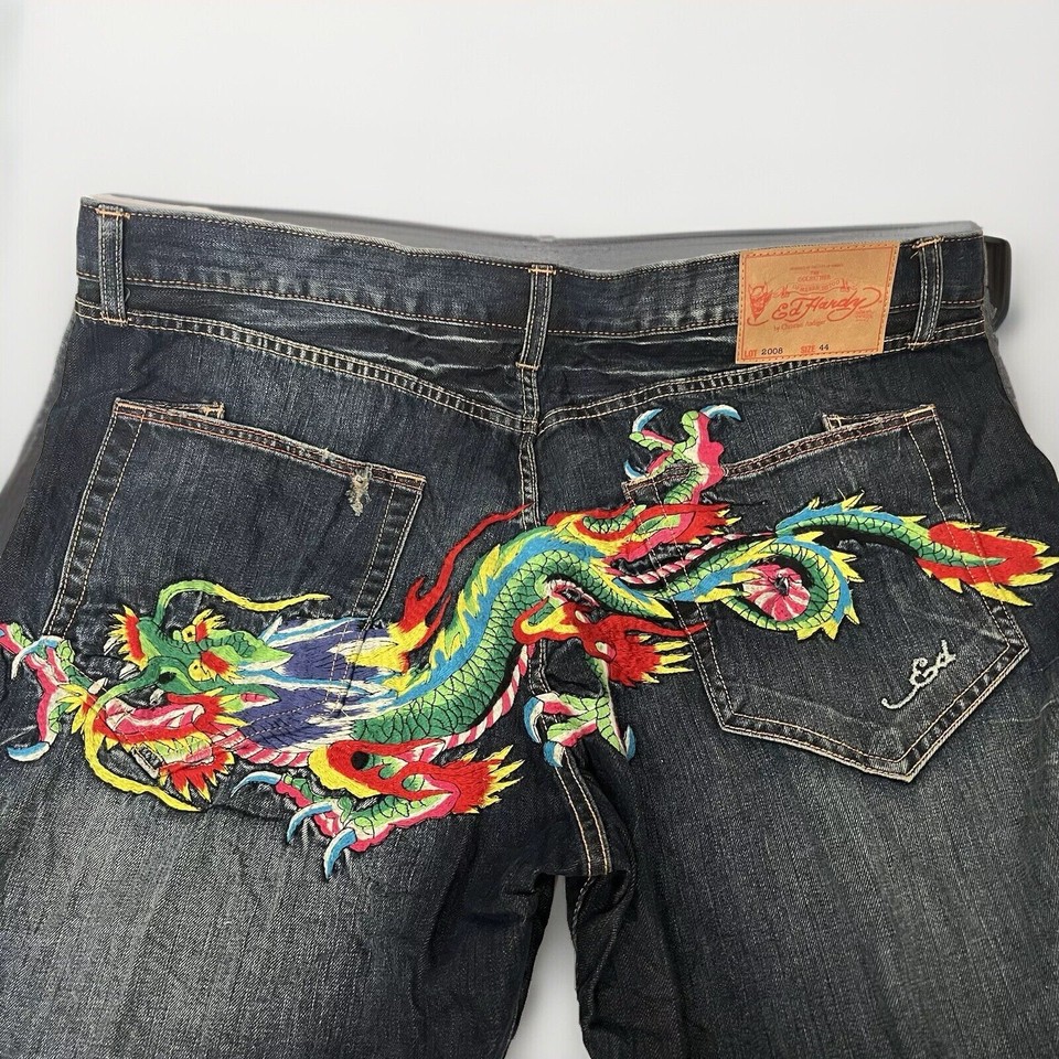 Ed Hardy Blue Denim Jeans Jenny Dragon Embroidered VTG Mens Size 44x32 ...