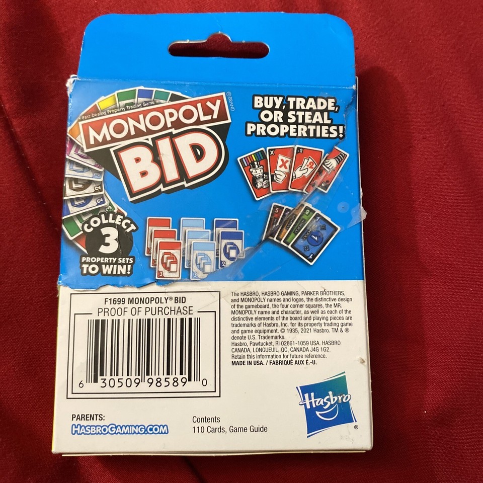 NEW Monopoly Bid Game, Quick-Playing Card Game for 4, Hasbro Sealed | eBay