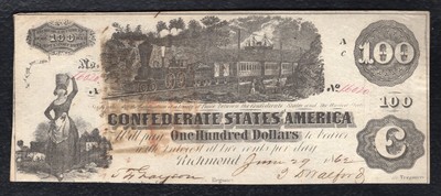 T-39 1862 $100 CSA CONFEDERATE STATES OF AMERICA NOTE “TRAIN” ABOUT ...