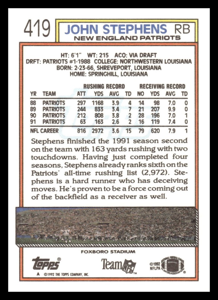 1992 Topps #419 John Stephens New England Patriots Football Card NM | eBay