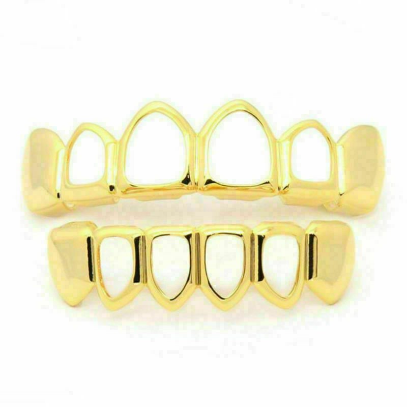 Custom Fit Gold Plated Hip Hop Hollow Open Face Teeth Grillz Caps Grill ...