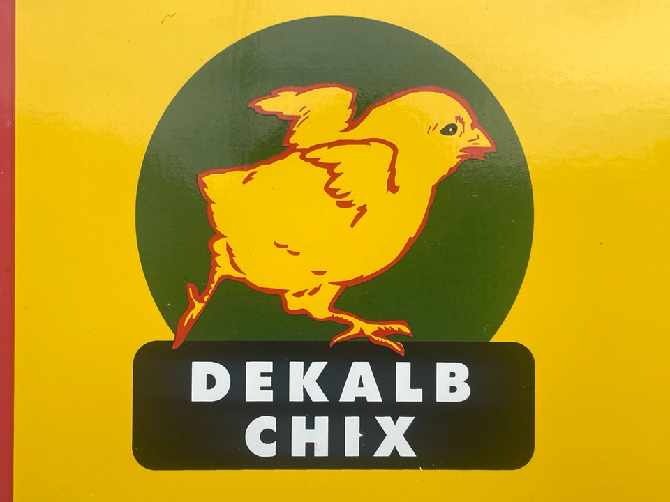 VINTAGE 1950s WE RAISE DEKALB CHIX FEED SEED 14" METAL FARM SIGN J.V ...