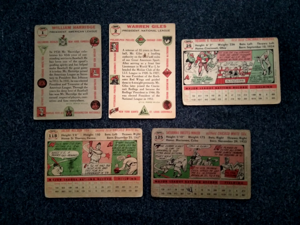 1956 Vintage Topps Nellie Fox Kluszewski Minoso Giles Harridge Baseball ...