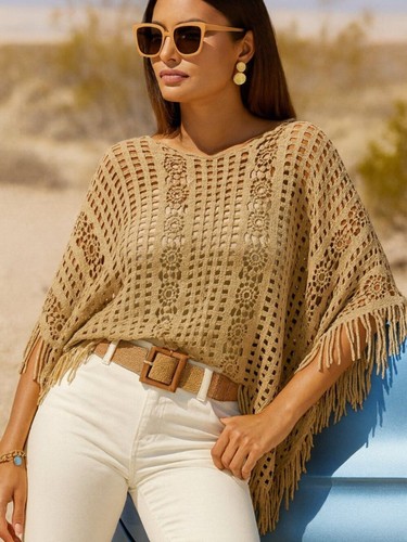 Boston Proper Crochet Fringe Poncho Top Boho Beachy Resort Vacation ...