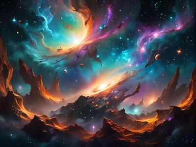 Exotic Space Formation Nebula Mountains Stars Planets Galaxy Art Poster ...