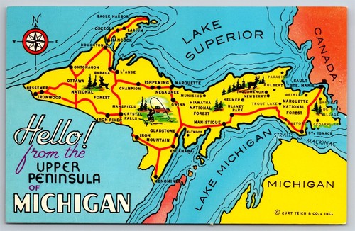 Hello From Michigan Upper Peninsula State Map Postcard J12 | eBay