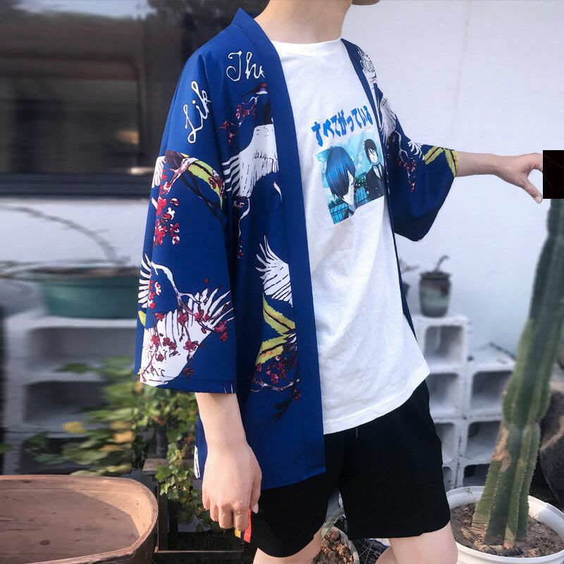 Men Kimono Cardigan Japanese Noragi Jacket Yukata Coat Ukiyoe Baggy ...