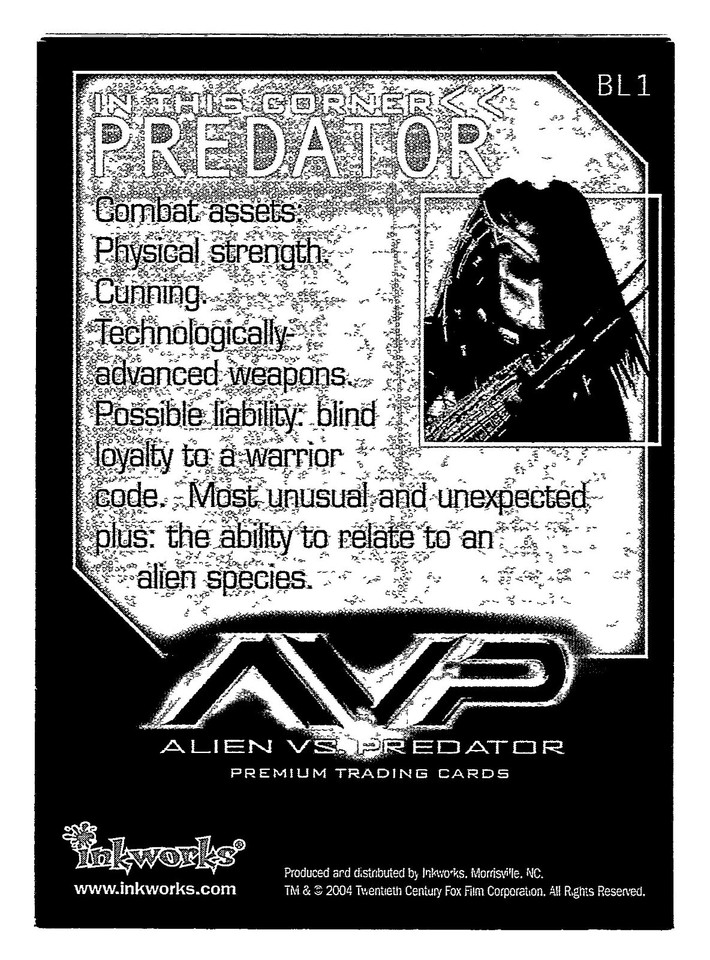 2004 Inworks Alien VS Predator #BL1 Predator Trading Card 20 Centry Fox ...