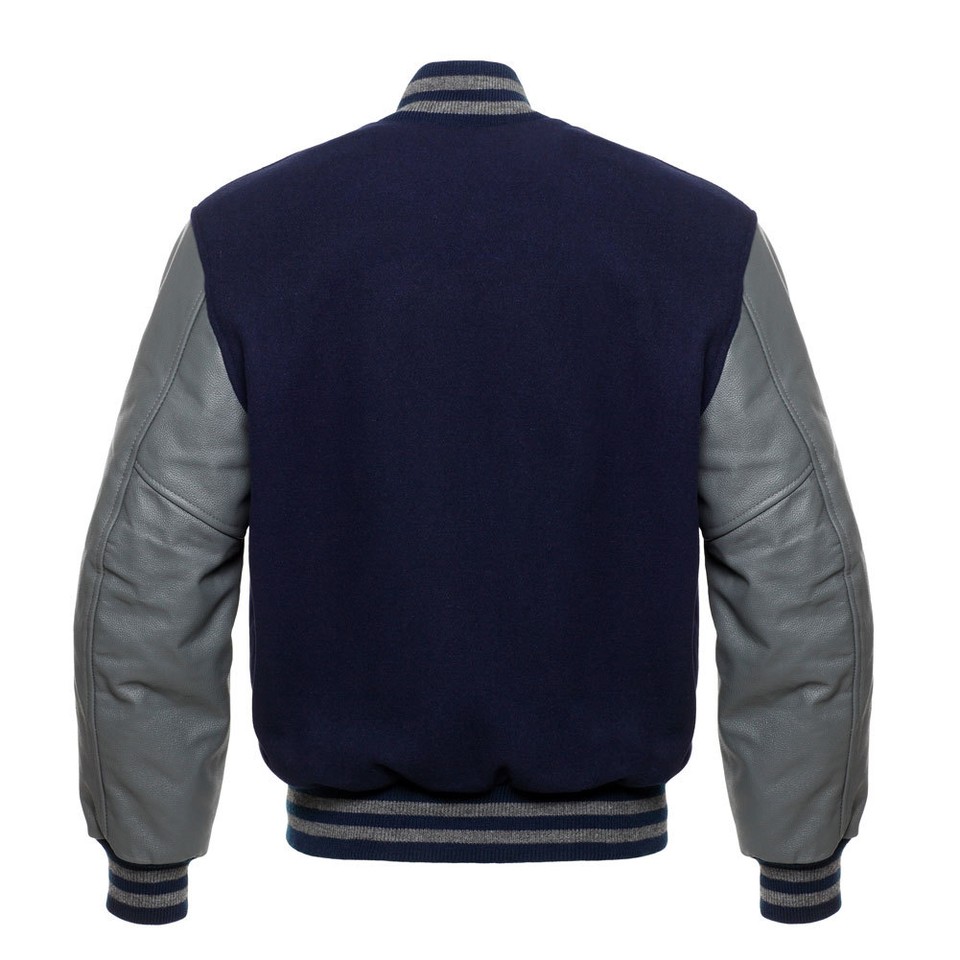 Stewart & Strauss Navy Blue Wool & Grey Leather Varsity Letterman ...