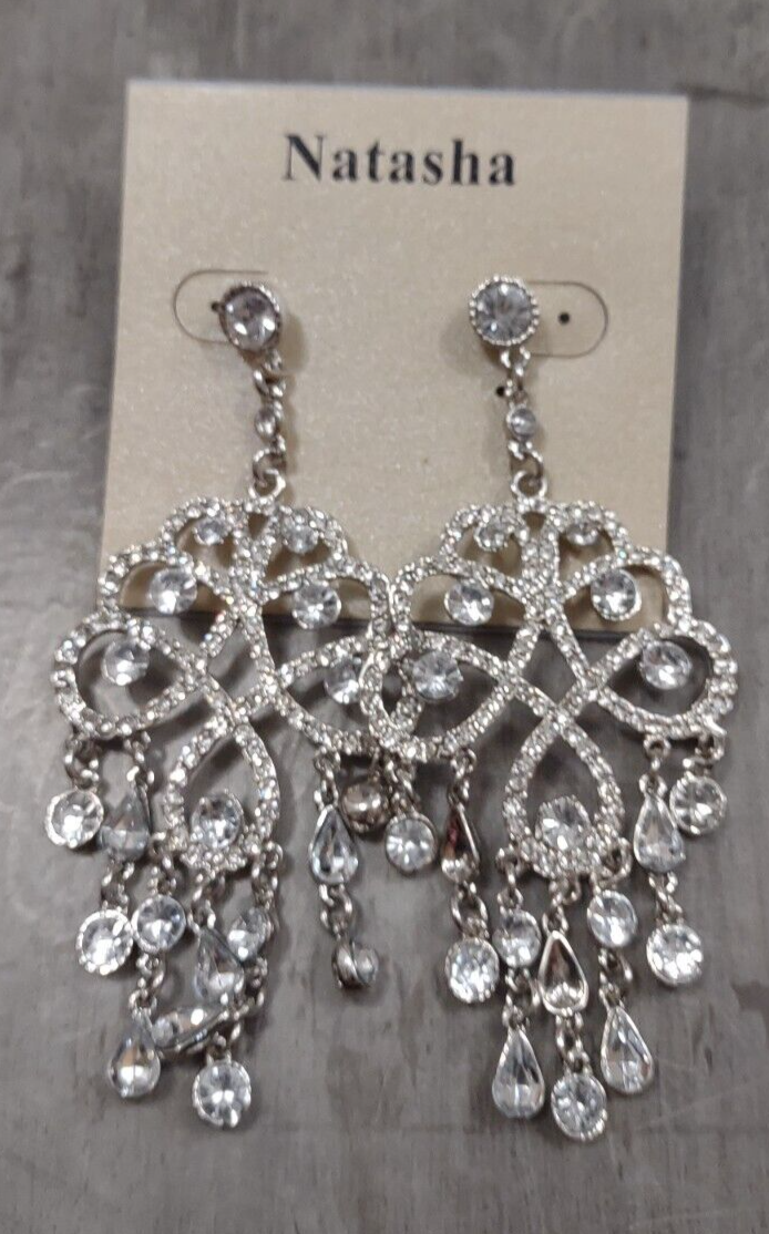 Natasha Clear Crystal Rhinestone Silvertone Chandelier Earrings | eBay