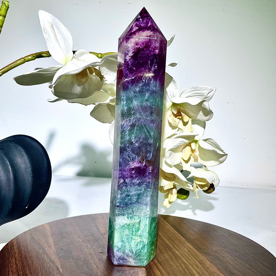 3.19LB Natural colored fluorite crystal engrave obelisk Crystal pillar ...
